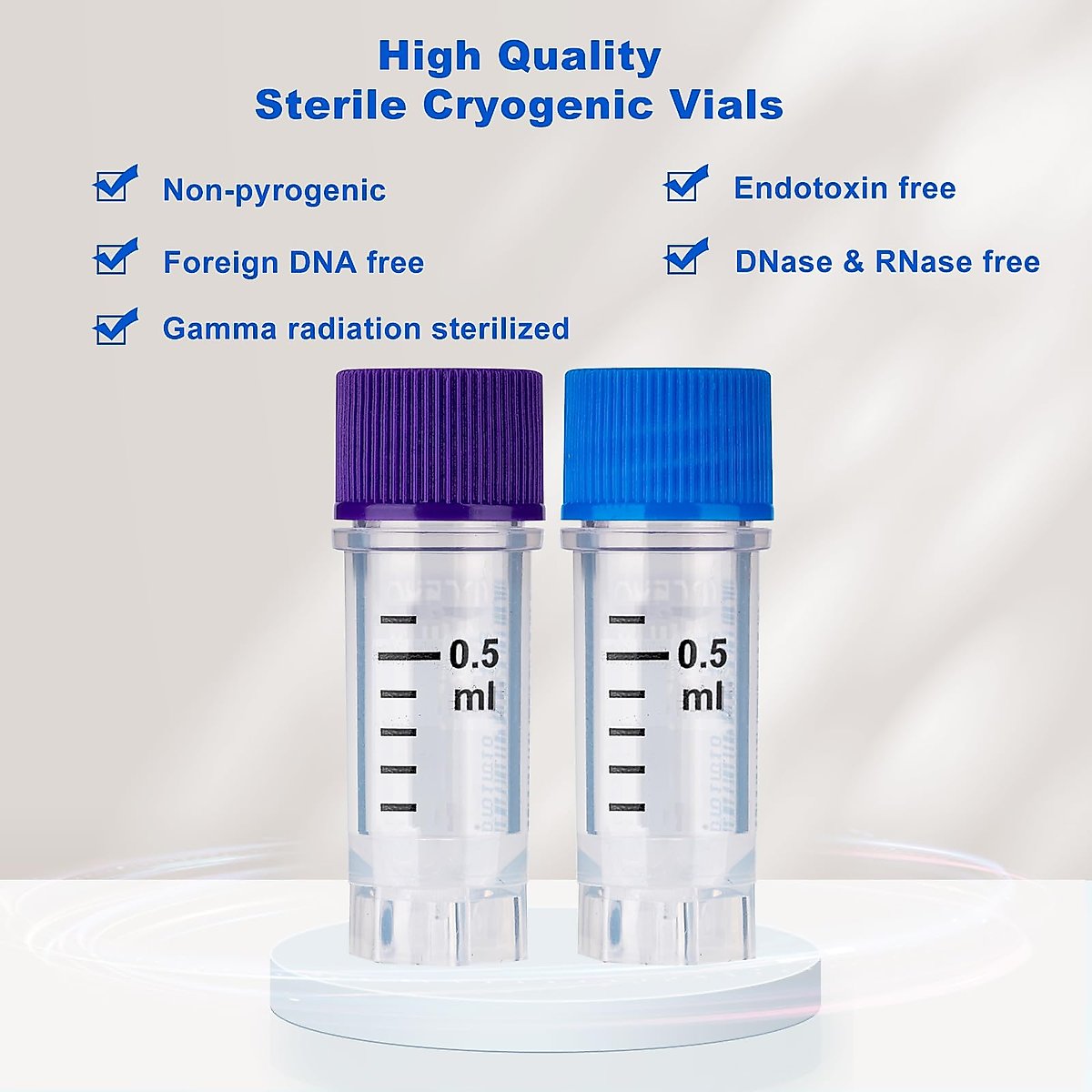 CryoKING 0.5ml Cyogenic Vials, Cryogenic Vials with External Thread Blue Caps, Sterile Vials with Self-Standing Bottom, No Bottom Code, with Side Barcode, Bag of 25