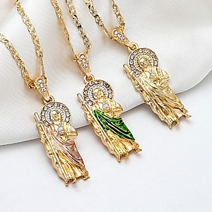 Saint Jude CZ Necklace 14K Gold Plated San Judas Medalla Cadena Oro Laminado San Judas Necklace (22” Inch, Gold)