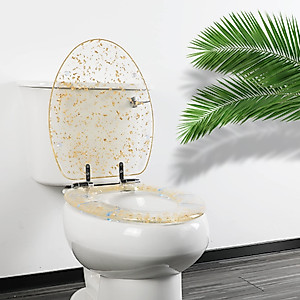 Resin Toilet Seat Elongated Soft Close Quick Release Heavy Duty Toilet Seats with Glitter Cover Acrylic Seats Gold Foil 19 Inch