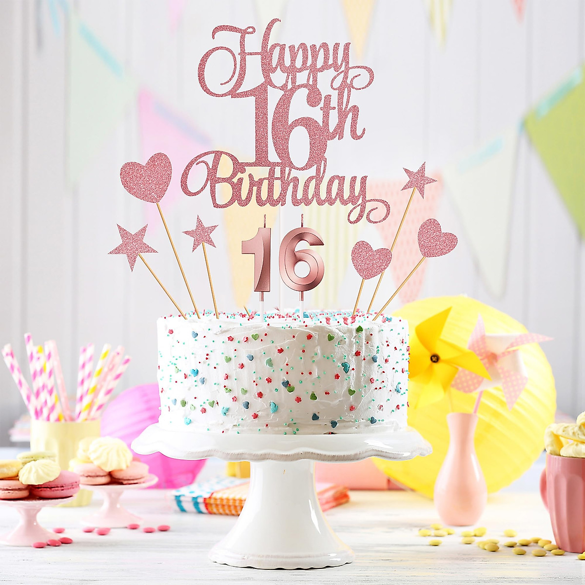 Lecferrarc 16th Birthday Cake Decorations, 16th Birthday Candles Cake Numeral Candles and Glitter Happy 16th Birthday Cake Toppers Set for Birthday Party Supplies (Rose Gold)