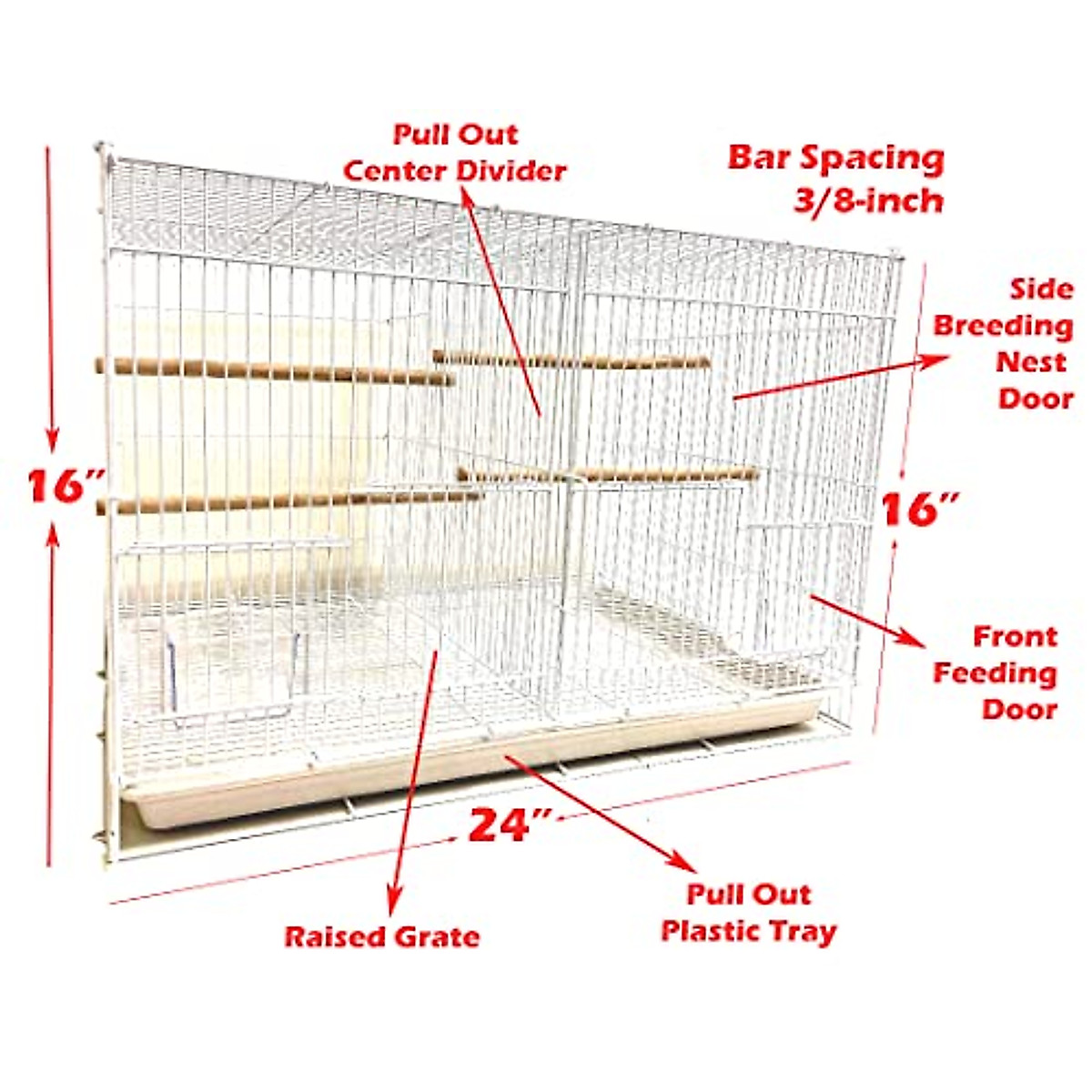 Case of 6 Aviary Canary Budgie Breeding Finch Parakeet Flight Bird Cage with Center Divider 24" x 16" x 16"H (White, with Center Divider)
