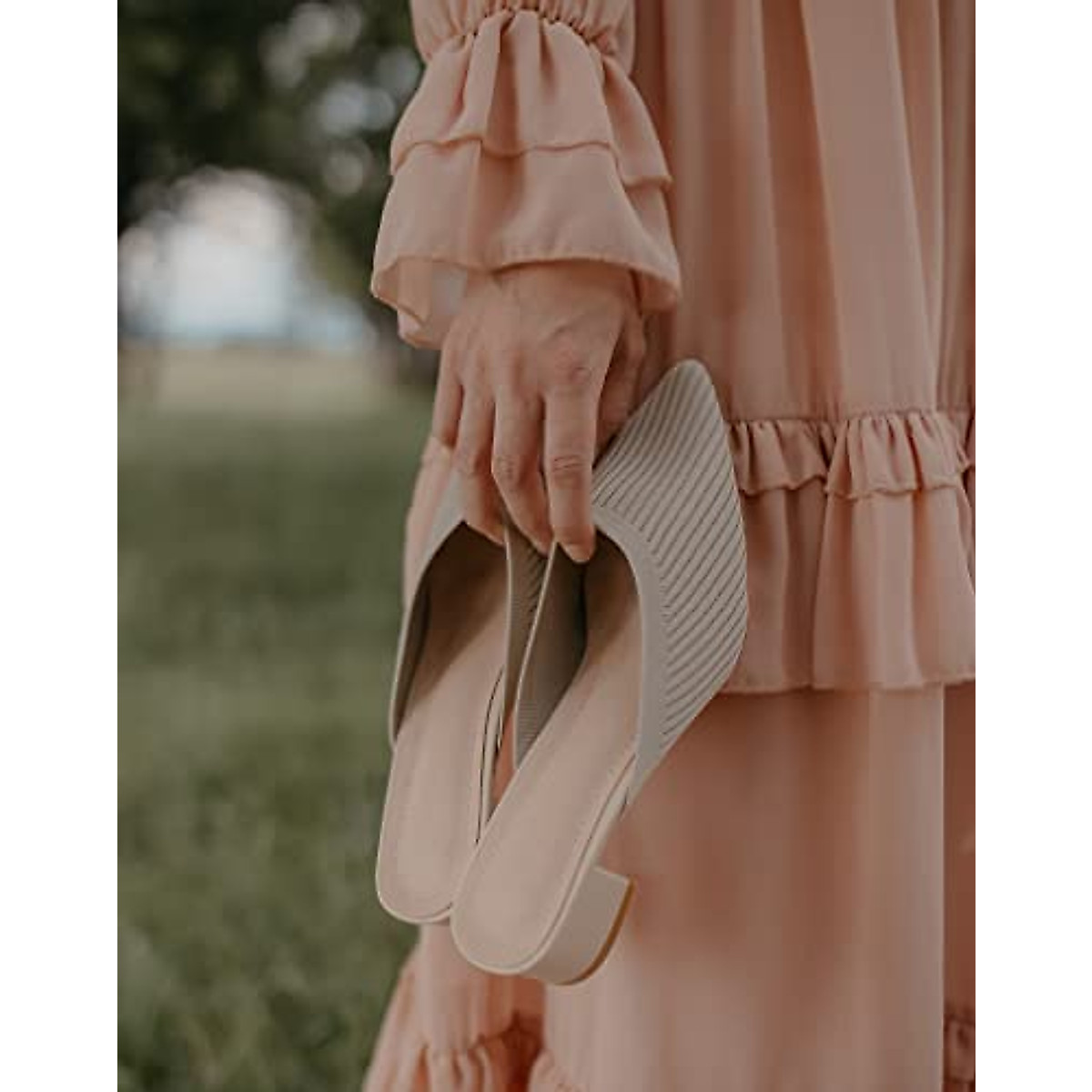 TIJN Pointed Toe Mules for Women Chunky Sandals Low Heeled Sandals Breathable Mesh Knit Slip on Flat Shoes(Helka) Cream