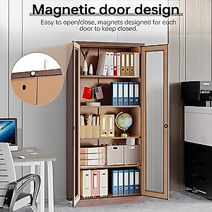 AFAIF 71" Tall Metal Storage Cabinet with Glass Door & 4 Adjustable Shelves, Freestanding Bookshelf for Home Office, Living Room, Pantry
