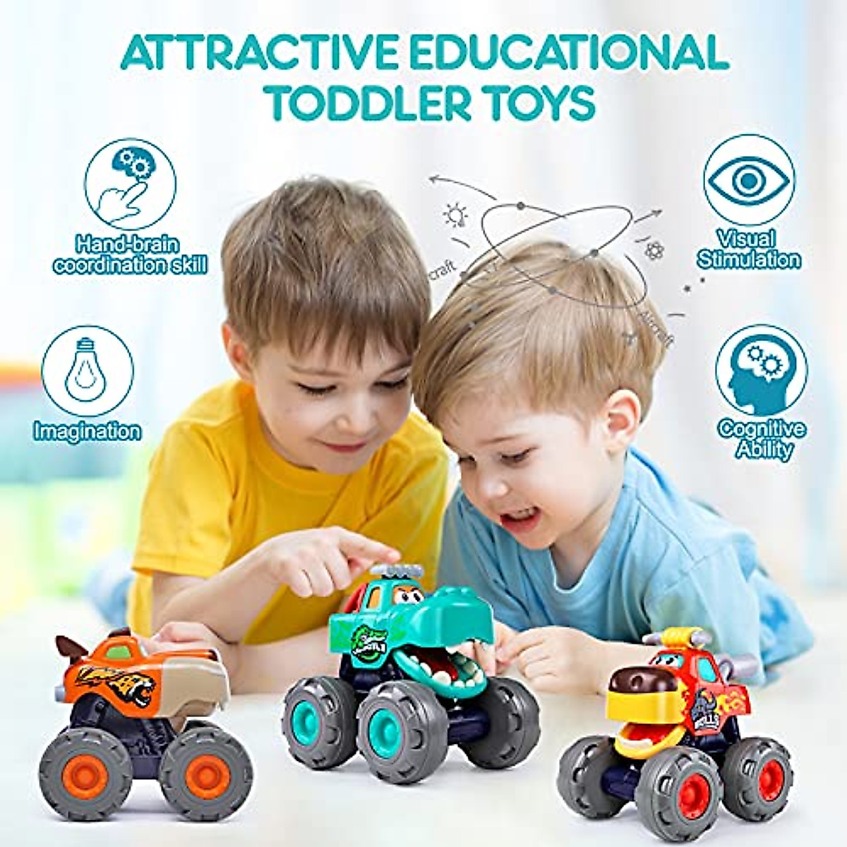 Toy Cars For 1 2 3 Year Old 3 Pack Monster truck Toy Push & Go Crocodile Car Friction Powered Bull Car Pull Back Leopard Car Big Wheel Animal Toy Car Baby Toy Gift For 12 18 Month Boys Girls Toddlers