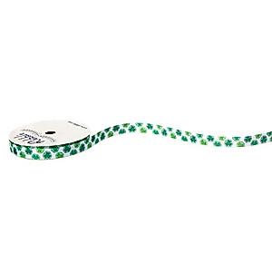Ribbli Grosgrain Shamrock Craft Ribbon,3/8-Inch,10-Yard Spool, White/Green, Use for St. Patrick's Day,Gift Wrapping,Party Decoration