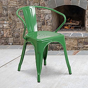 Flash Furniture Commercial Grade Green Metal Indoor-Outdoor Chair with Arms
