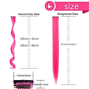 MEckily 12 Pcs Colored Hair Extensions Party Highlights, Curly Wavy Hairpiece Clip in Synthetic Streak for Kids Girls Women 17 inch(Pink)