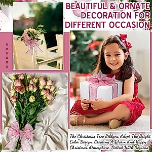 MTLEE 2 Rolls 20 Yards Valentine Ribbon Wired Pink Metallic Glitter Lace Ribbon for Xmas Crafts Floral Bow Making DIY Gift Wrapping Wedding Party Decor(2.5 Inch)