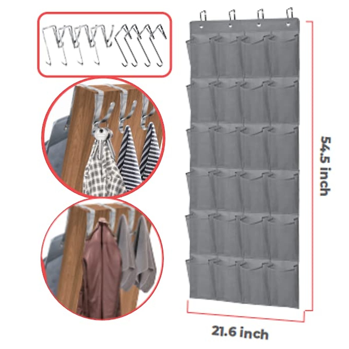 MERB HOME door Shoe Storage Organizer with 24 large pockets! 8 hooks included! 4 regular hooks and four special double-sided hooks for hanging coats or towels on the other side - Foldable Organizer