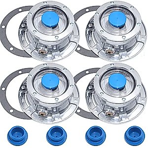 iBroPrat 4pcs 343-4009 Aluminum Hub Cap for Trailer Axle, 3434009 6 Holes Hub Caps with Side Pipe Plugs Gaskets and Extra 4pcs Blue Rubber Plugs