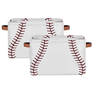 2Pack Sports Baseball Print Large Collapsible Storage Bins,Sports Basket Decorative Canvas Fabric Storage Boxes with Handles,Rectangular Shelves Baskets Box for Home Office Nursery Closet