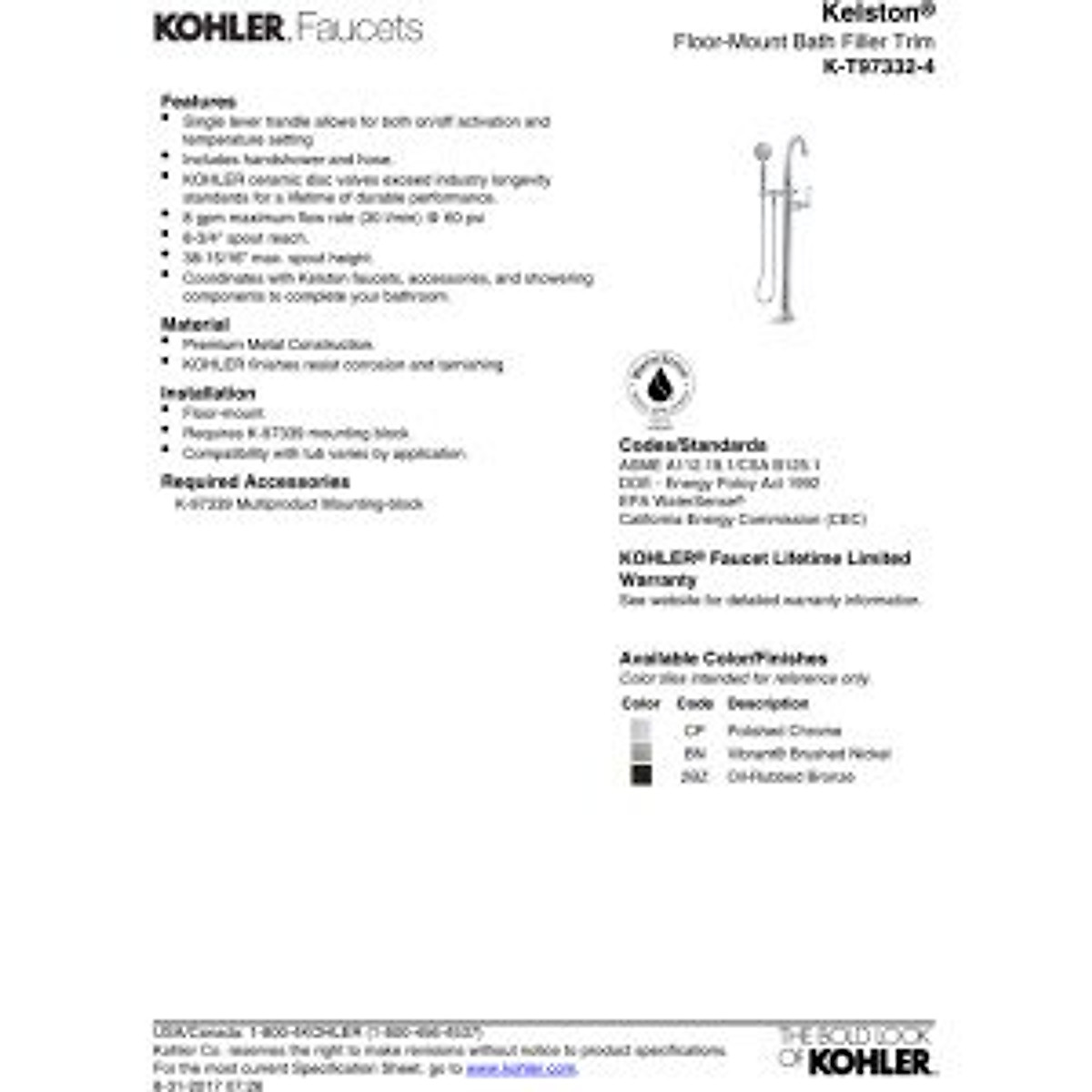 Bathtub Faucet by KOHLER, Bath Faucet with Hand Shower, Freestanding, Kelston Collection, Brushed Nickel, K-T97332-4-BN