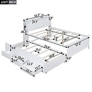 Mirightone Full Captain Bed with Trundle and Storage Drawers, Wood Platform Bed with LED Light Headboard, Twin Size Trundle Bed for Kids Boys Girls Teens, White