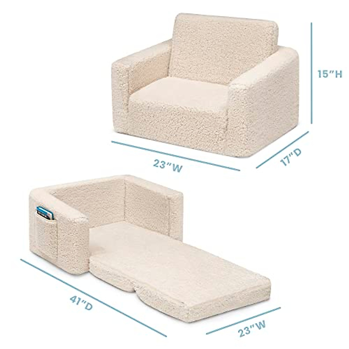 Delta Children Cozee Flip-Out Sherpa 2-in-1 Convertible Chair to Lounger for Kids, Cream