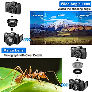 Vlogging Camera, Acoletty 4K 48MP Digital Cameras for Photography, 16X Digital Zoom, 52mm Wide Angle Lens, Macro Lens, 2 Batteries & Charging Stand, 32GB TF Card, 3.0" IPS 30FPS 180°Flip Screen Black