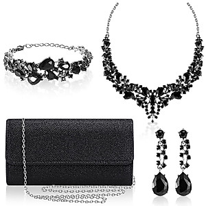 4 Pcs Women Rhinestone Jewelry Set Floral Wave Teardrop Crystal Wedding Necklace Earrings Floral Cluster Wave Bracelet Glitter Envelope Evening Bag Handbag Party Bridal Purse (Simple Style)