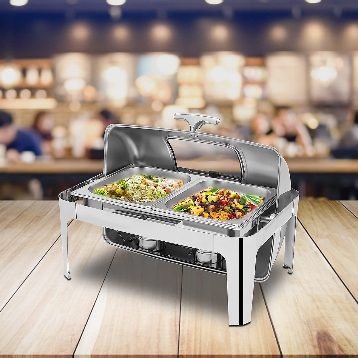 14.26Qt Stainless Steel Chafing Dish Buffet Set with Visible Roll Top Chafing Dishes Buffet Set Retangle with Rolling Top 2 Detachable Food Pans Catering Food Warmer for Hotels Party Wedding