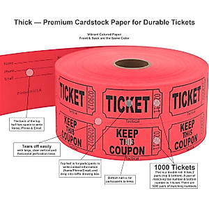 1000 Tacticai Raffle Tickets, Red (8 Color Selection), Double Roll, Ticket for Events, Entry, Class Reward, Fundraiser & Prizes