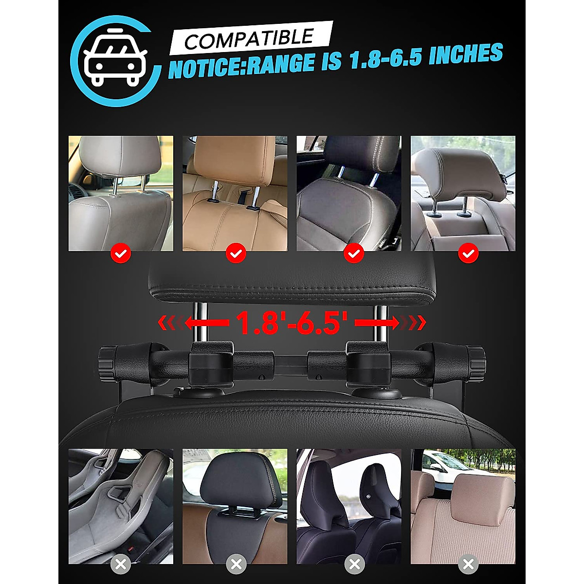 JZCreater Car Headrest Pillow, Car Seat Head Neck Support Pillow, Sleeping Travel Cushion Pillow, Baby Head Support, 360 Degree Adjustable Long Trip Rest Headrest Pillow for Kids Adult, Black