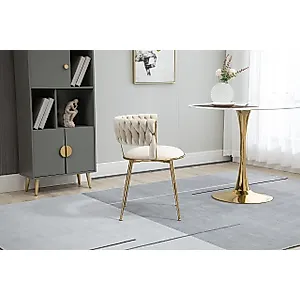 DUOSI Leisure Dining Chairs Set of 2, Velvet Upholstered Accent Side Chair, Modern Leisure Chair with Weaving Back and Golden Metal Legs for Living Room Kitchen Bedroom Pub, Ivory