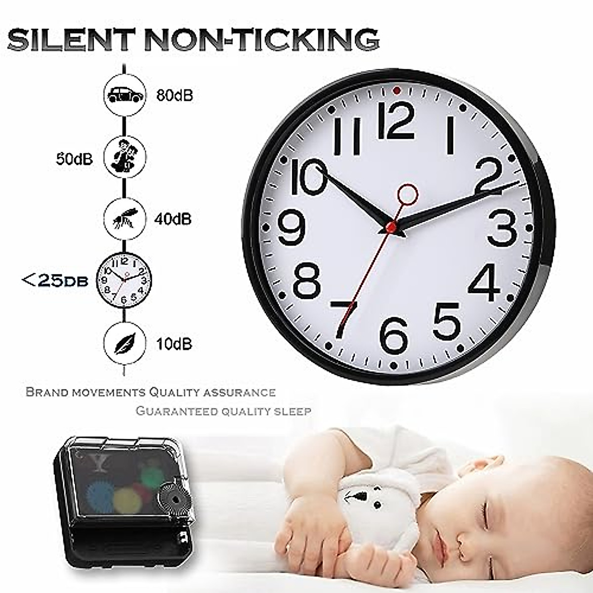 QWANPET Wall Clock,9 Inch Modern Wall Clocks,Quality Quartz Silent Non Ticking Wall Clock, Decor Wall Clocks for Office, Home, Bathroom, Kitchen, Bedroom, School, Living Room(Black)