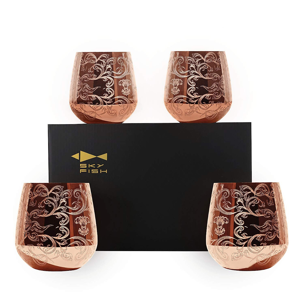 Sky Fish Stemless Stainless Steel Etching Wine Glasses,18 oz Copper Plated,Set Of 4