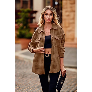 PRETTYGARDEN Women's 2024 Winter Jackets Lapel Coat Outerwear Casual Long Sleeve Button Down Blouse Shirts Tops (Dark Khaki,Medium)