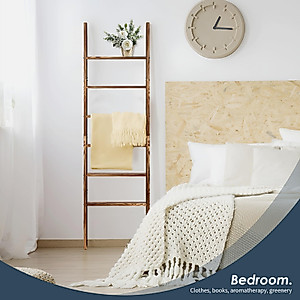 6-Tier Blanket Ladder Wooden, 5.7FT(66.5'') Blanket Quilt Towel Holder Rack Decorative Ladder, Easy Assembly, Rustic Farmhouse Ladder Shelf for The Living Room Bedroom Bathroom Home Decor, Brown