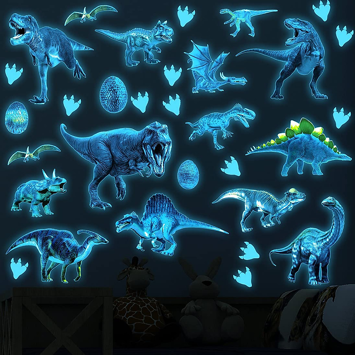 Dinosaurs Wall Decals Glow in The Dark Dinosaur Wall Stickers Removable Tyrannosaurus Wall Decor Dinosaur Eggs and Paw Print Wall Mural for Kids Nursery Living Room Bedroom Classroom Home Decoration