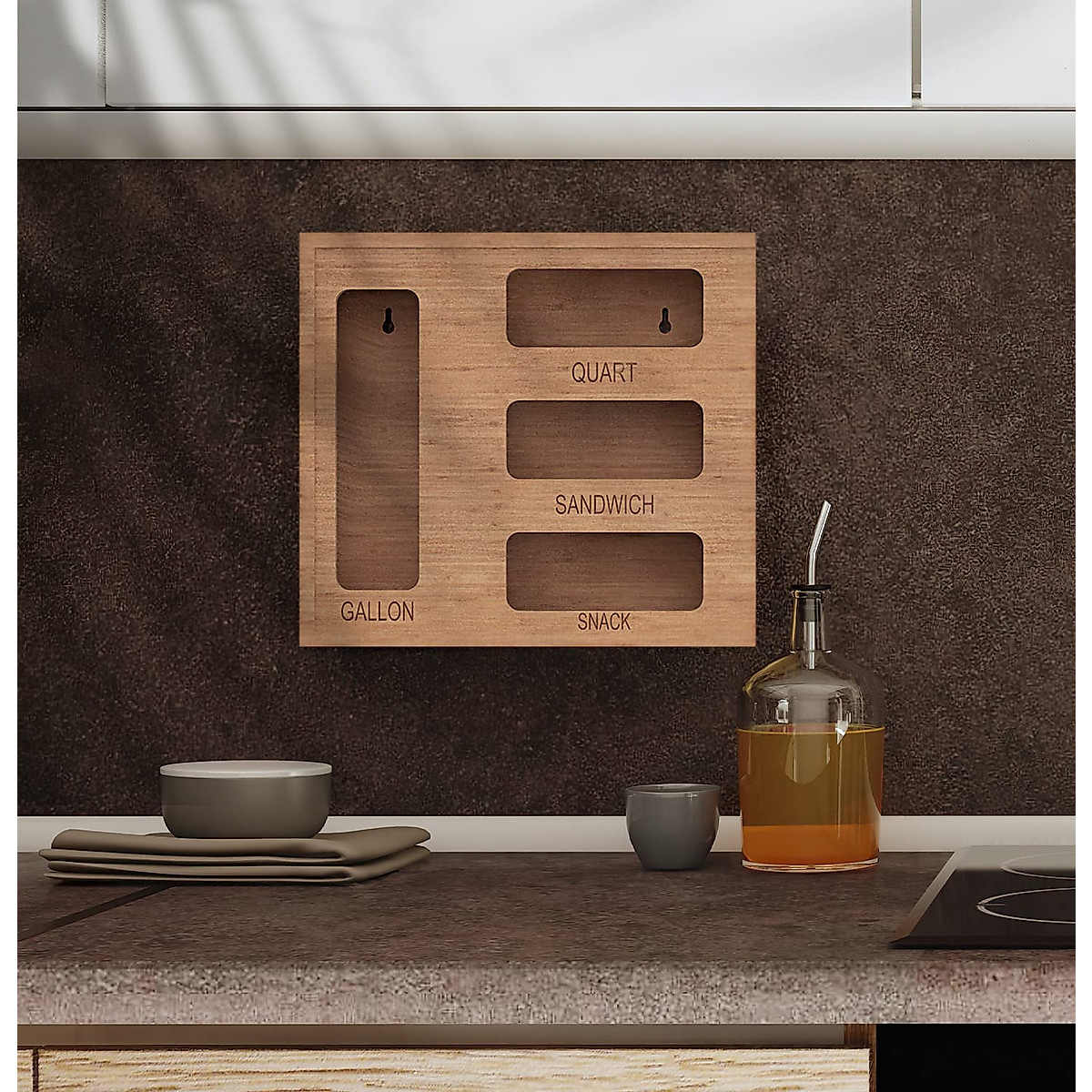 Bamboo Ziplock Bag Storage Organizer Baggie Holder for Drawer and Wall Kitchen Compatible with Solimo, Ziploc, Hefty, Glad for Gallon, Quart, Sandwich, Snack and Slider Bags by brand Huge Estate