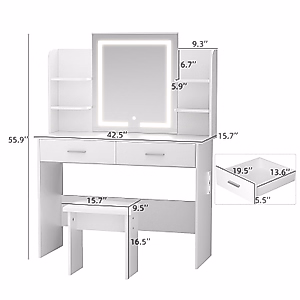 SMOOL Vanity with Lighted Mirror, Makeup Vanity Desk with Power Outlet, 3 Color Light Options Adjustable Brightness, Vanity Table with 6 Storage Shelves, 2 Large Drawers and Cushioned Stool, White
