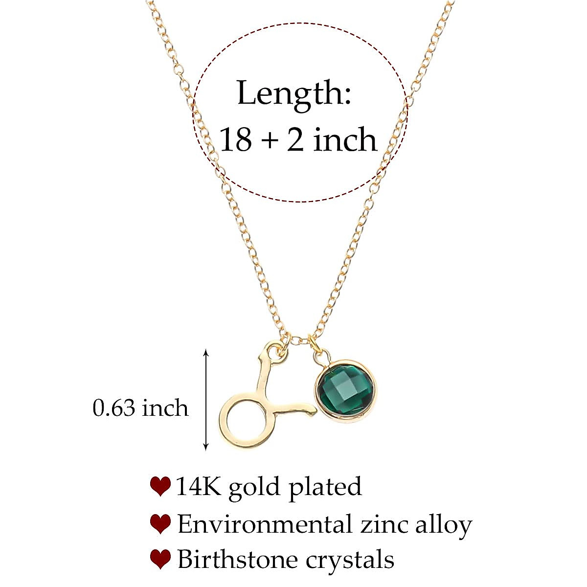 TGOLM 14k Gold Plated Taurus Sign May Birthstone Created-emerald Crystal Necklace for Women Birthday Gift