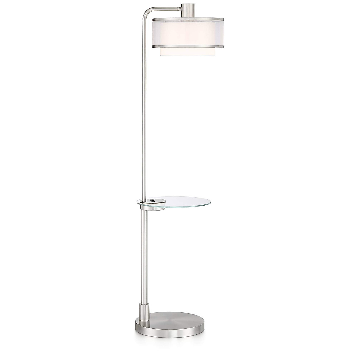 Possini Euro Design Vogue Modern Floor Lamp with Table Tempered Glass 60" Tall Brushed Nickel White Linen Silver Organza Double Drum Shade USB Charging Port for Living Room Reading House Bedroom