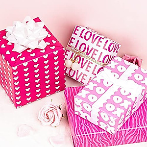 LeZakaa Pink Wrapping Paper Sheet - Folded Flat - Heart/XO/LOVE/Tiger Skin for Valentine's Day, Birthday - 19.6"x 27.5" x 12 Sheets (45.2 sq.ft.ttl.)