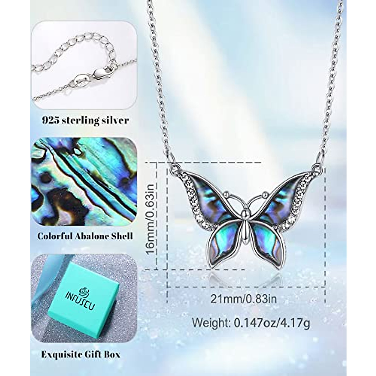 INFUSEU Small Butterfly Necklace Womens Abalone Pendant Jewelry 925 Sterling Silver