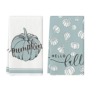 Artoid Mode Blue Watercolor Pumpkin Hello Fall Kitchen Towels Dish Towels, 18x26 Inch Seasonal Decoration Hand Towels Set of 2