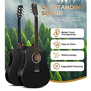 Vangoa Acoustic Electric Guitar Bundle for Beginners Adults Teens Full Size Cutaway Acoustic Guitar with Built-in Pickups, Wooden Bindings, Upgraded Starter Kit, Matte Black
