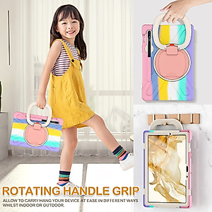 BRAECN Case for Galaxy Tab S9/S8/S7 11 Inch SM-X710/X700/T870, Rugged Silicone Cover with Stable Kickstand, S Pen Holder, 360°Rotating Handel Grip, Shoulder Strap for Galaxy Tab S9 2023, Colorful Pink