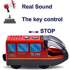 Battery Operated Train Set for Wooden Train Track (w/Sound & Magnetic Connection), Powerful Engine Red Action Locomotive Train Set Compatible with Thomas, Brio, Chuggington - Train Toys for Toddlers