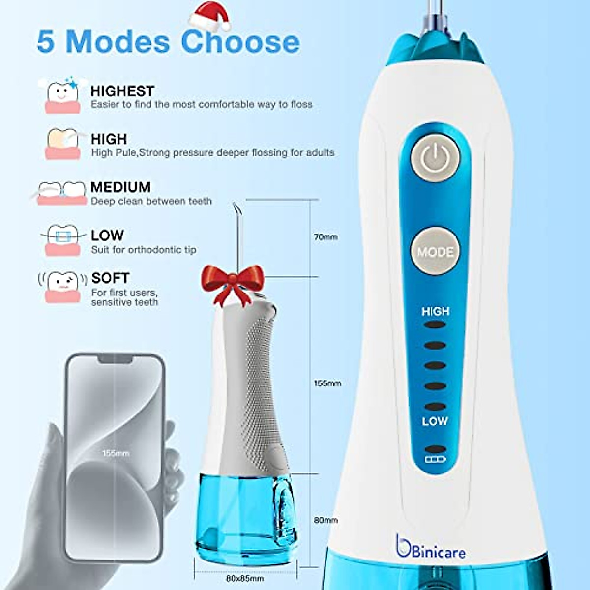 Binicare Water Flosser, Portable Oral Irrigator with 300ML Detachable Reservoir 5 Modes and 6 Jet Tips, Rechargeable & IPX7 Waterproof Water Flossers for Teeth Travel Home Office