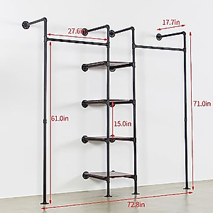 EDCB Wall Mounted Industrial Pipe Heavy Duty Clothes Rack, Clothing Rods for Hanging Clothes, Freestanding Clothing Rack with 2 Hang Rods & 4 Shelves, 72.8" W x 17.7" D x 71" H