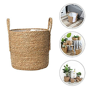 Cabilock Seagrass Plant Basket Hand Woven Belly Basket Bin Straw Beach Bag Panier with Handles for Laundry Picnic Plant Pot Cover Flower Home Toys Decor 25CM Khaki