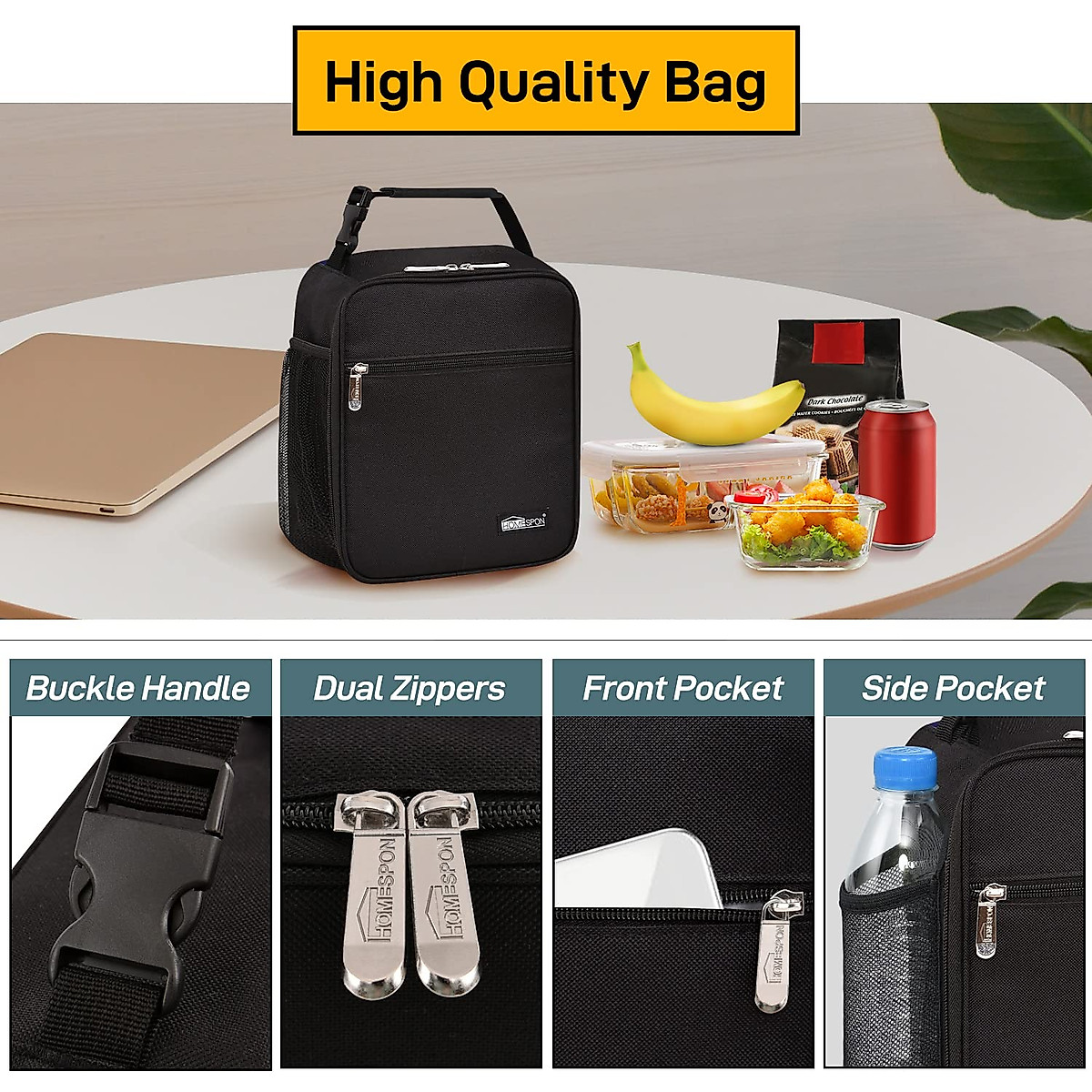 Buringer HOMESPON Reusable Lunch Bag Insulated Lunch Box Bento Cooler Tote with Front Pocket For Office/Outdoor (Black)