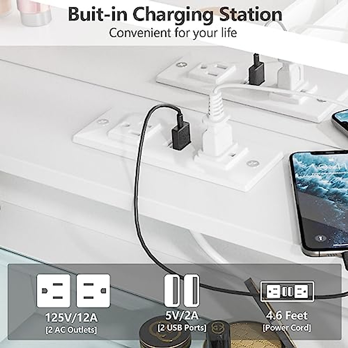 Fameill White Vanity Desk with Lights,Glass Top Makeup Vanity Table with Power Strip,Large Mirror Dressing Table Set with 2 Drawers and Hair Dryer Stand,35.4in(L)