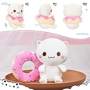 AIXINI Cute Plush Donut Cat Stuffed Animal, Super Soft Kawaii Cat Kitten Plushies for Kids 10inch (White,A)