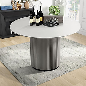 LyuHome 47.24" Round Wood Dining Table, Modern Kitchen Table with Wooden Pedestal Base, Mid Century Circular Tabletop Leisure Coffee Table Dining Room Table Furniture φ47.24"x29.52"H Grey