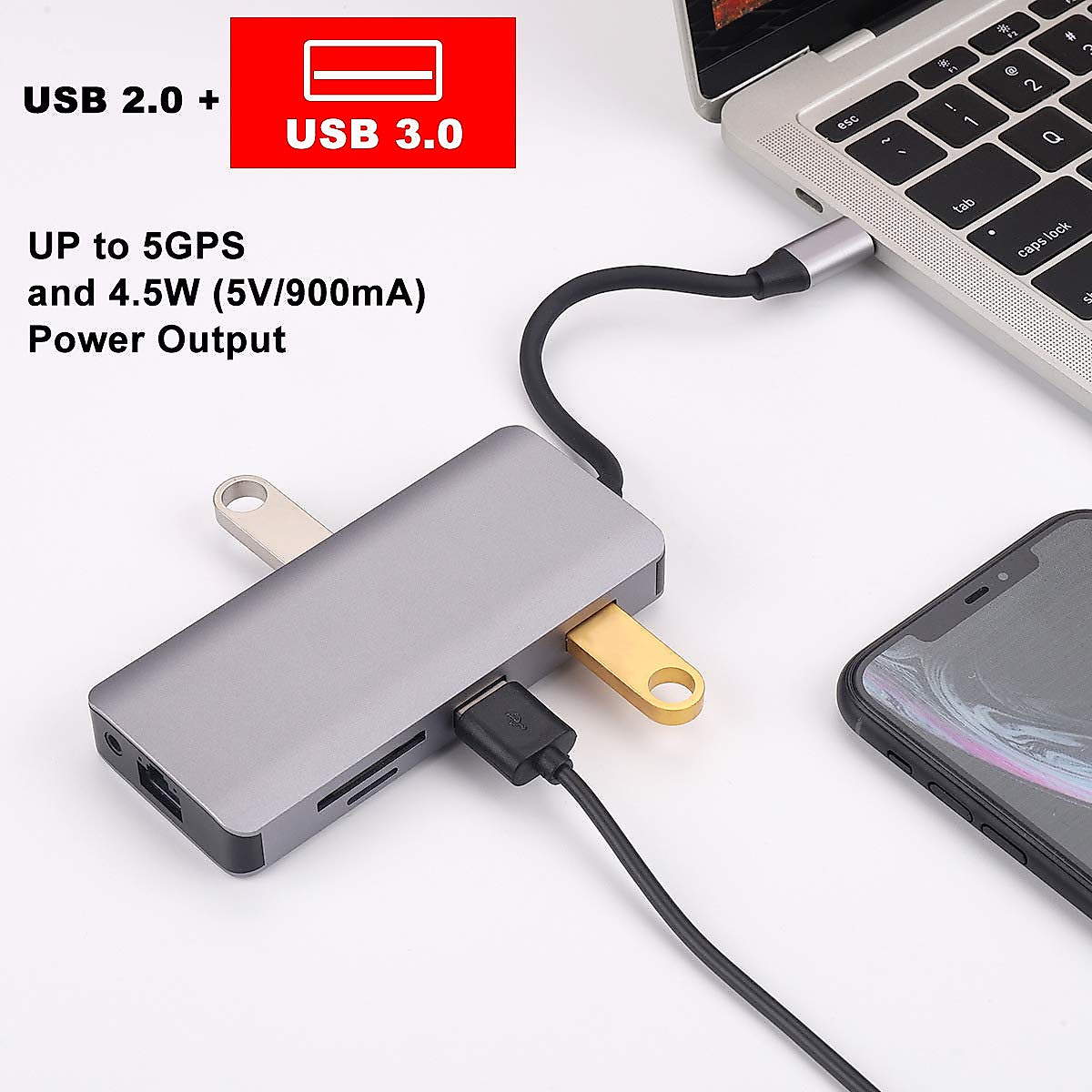 Type C 9 in 1 Hub to 4K HDMI Output, 2 USB3.0 Ports,SD/TF Card Reader,1000Mbps Network Adapter, 1 USB2.0 with PD3.0(100W) Charge