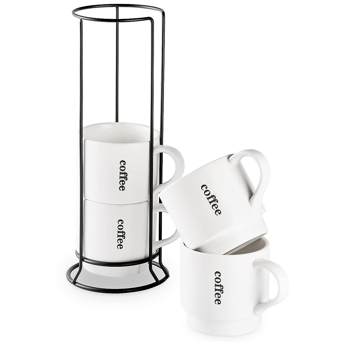 LAUCHUH Coffee Mugs Set of 4, 15 Ounce Stackable Coffee Mugs with Rack Latte Cup Porcelain Mugs for Coffee, Tea, Hot Cocoa, Milk, Dishwasher & Microwave Safe for Christmas, White