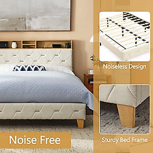 Queen Size Bed Frame with Shelf Storage & Upholstered Headboard, Upholstered Platform Bed Frame with USB Port, No Box Spring Needed, Sturdy Wood Slats for Family Bedroom Apartment (Beige, Queen)
