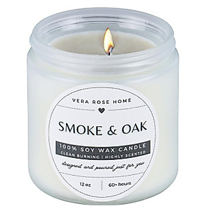 Vera Rose Home Smoke & Oak Scented Soy Candle Long Burning Highly Scented Cedar Sandalwood 60+ Hours Clean Burning Natural Candle Odor Eliminating Mens Scented Candle 12oz Jar